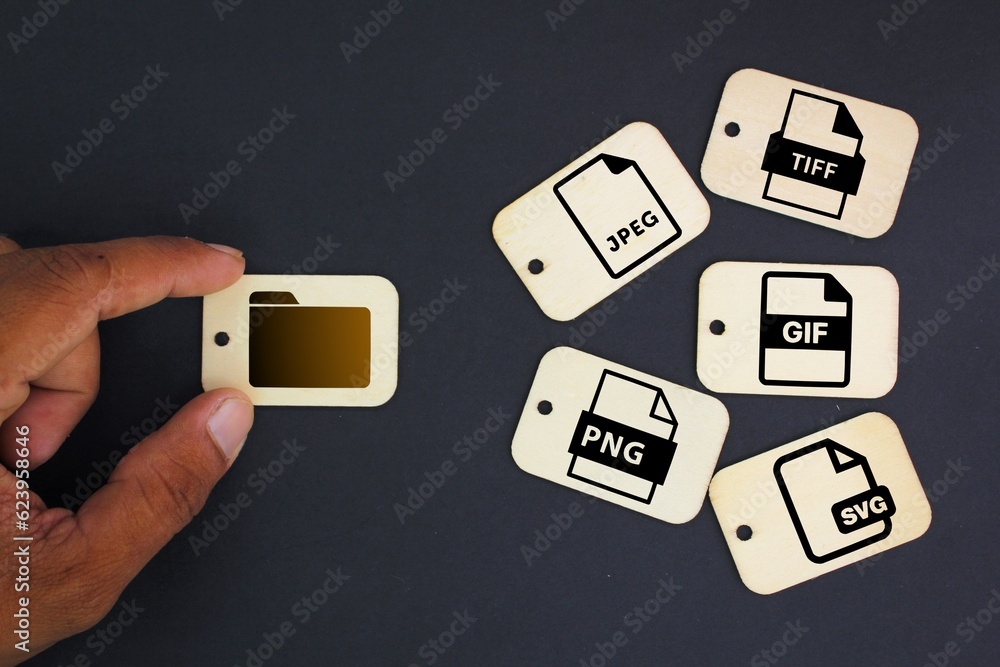 Tag wood with icons of 5 types of image files namely JPEG, PNG, GIF ...