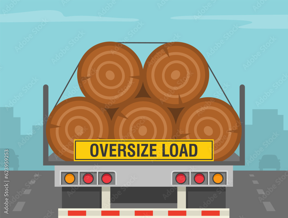 Heavy vehicle driving tips and rules. Close-up back view of a trailer ...