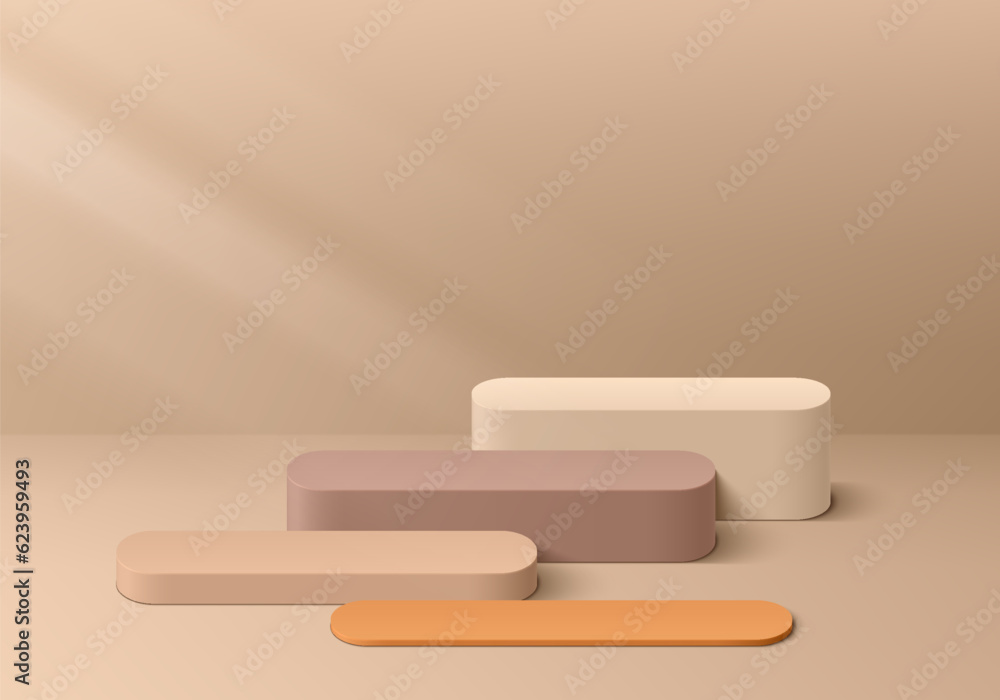 Abstract 3d Room With Set Of Realistic Steps Cream Beige And Orange Round Pedestal Podium