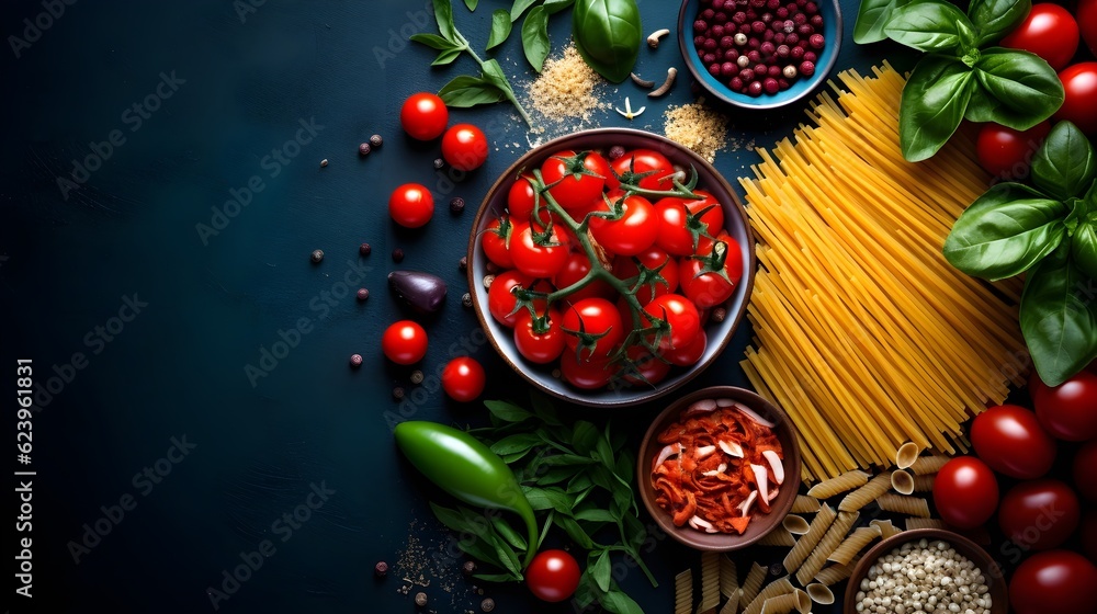 Colorful array of pasta ingredients spread out such as basil, penne ...