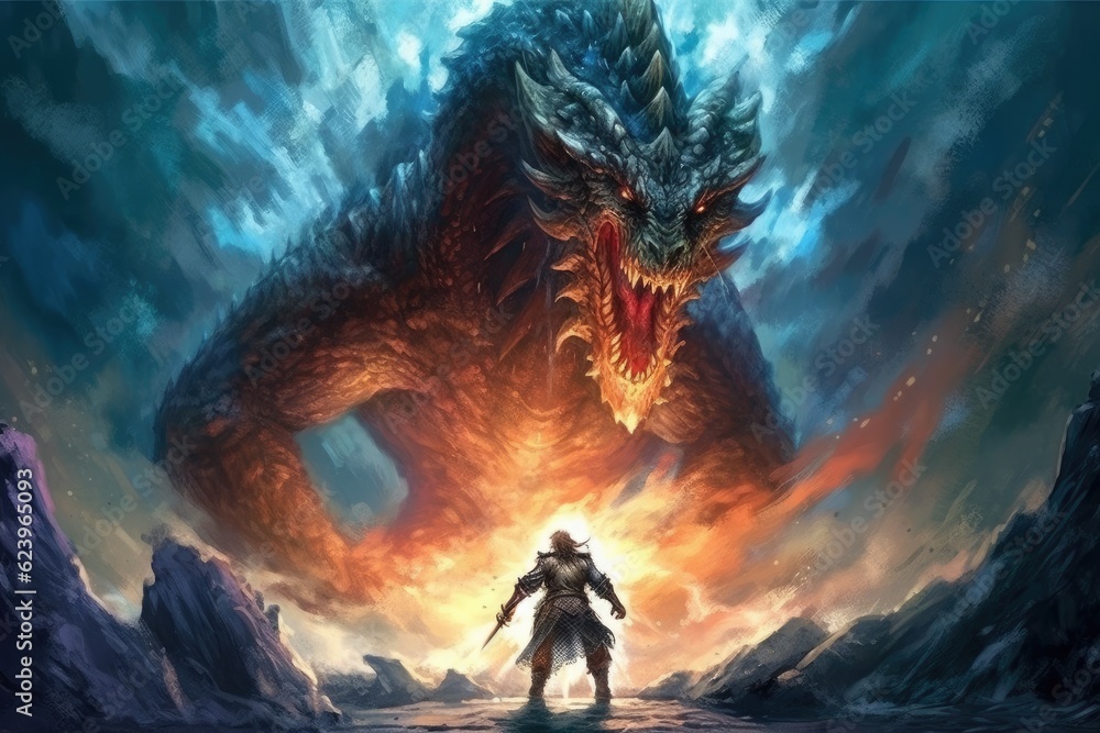 Illustration of hero facing devil monster, Generative Ai Stock ...