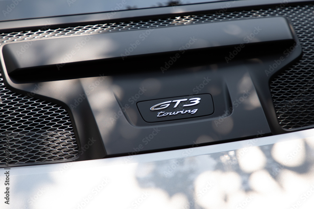 Porsche 911 GT3 touring logo brand and sign text on grey sport german ...