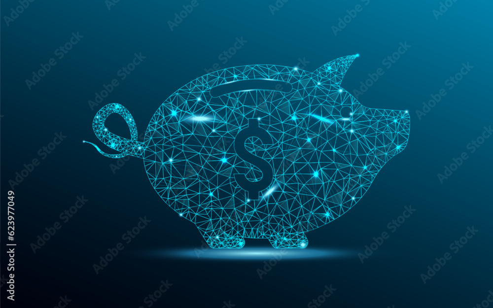 Piggy bank low poly wireframe with abstract mesh line and dot point ...