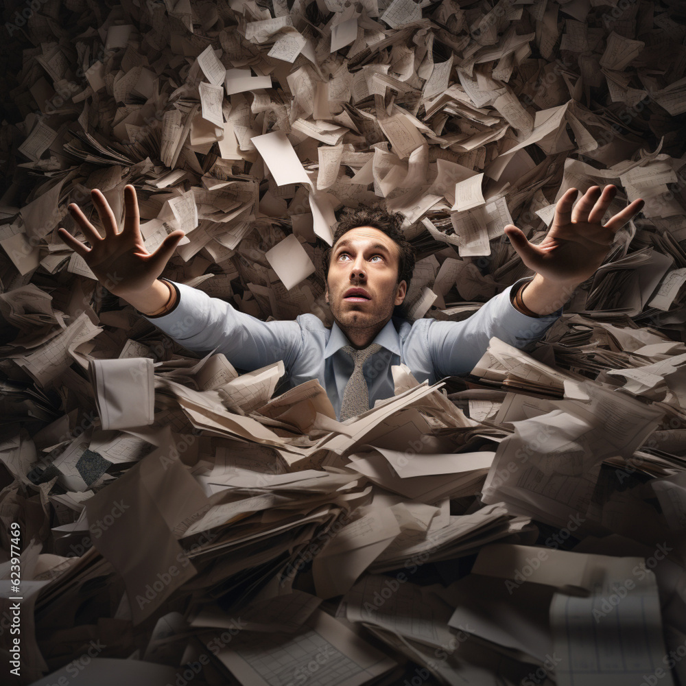 Drowning in Paperwork: An employee submerged in a sea of papers (bills ...