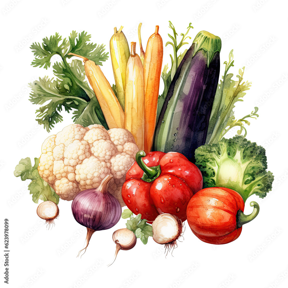 Watercolor vegetables illustration. Heathy food clipart isolated on ...