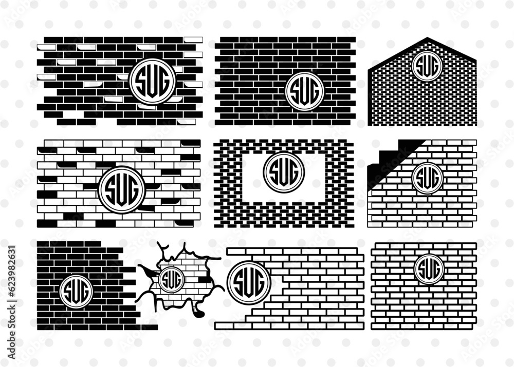 Brick Wall Circle Monogram, Brick Wall SVG, Bricks Svg, Wall Svg, Brick ...