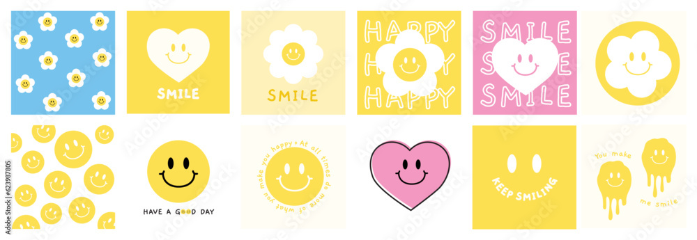 Happy cute smile sticker Hand-drawn style collection. Stickers ...