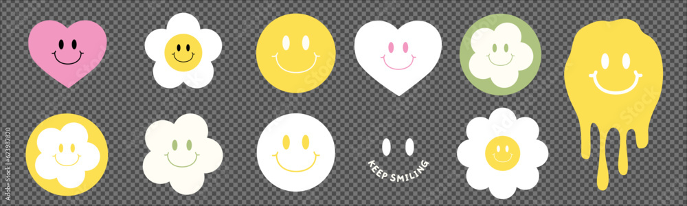 Happy cute smile. Hand-drawn style. Stickers set illustrations. a ...