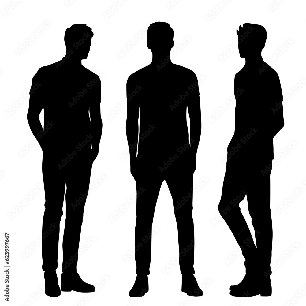 Vector silhouette of three men standing, profile, business people ...
