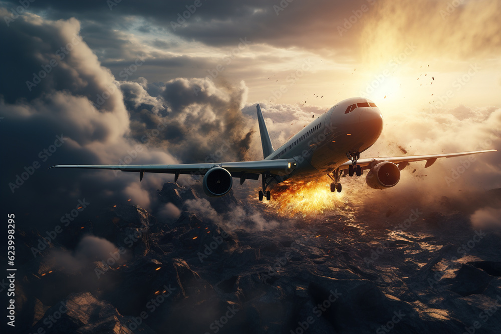 Explosion in flight passenger plane, terrorist attack concept. Plane ...