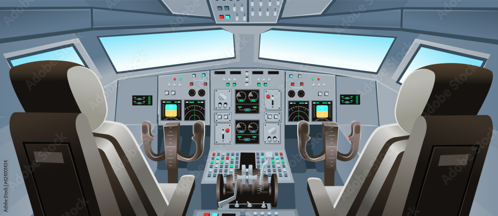 Airplane cockpit view with panel buttons, dashboard control and pilot's ...