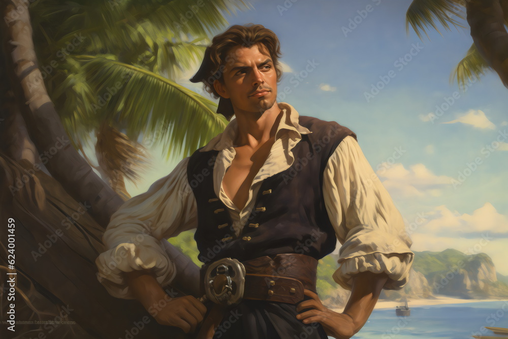 vintage painting of handsome pirate with palm trees in romance novel ...