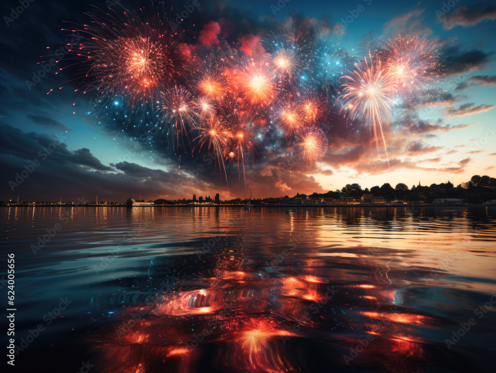 Red, blue, and white fireworks illuminate the sky above water, casting ...