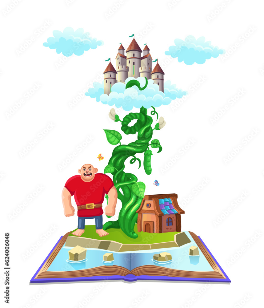 Open book with hungry giant character and beanstalk with castle in the ...
