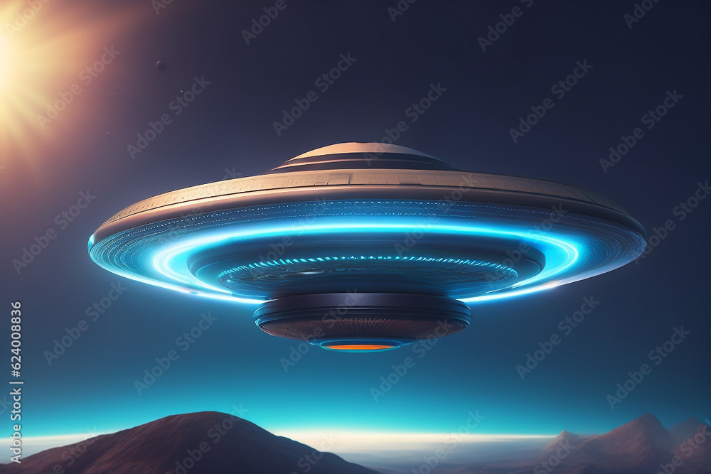 UFO flying over planet Earth, mountain. starry night sky background ...