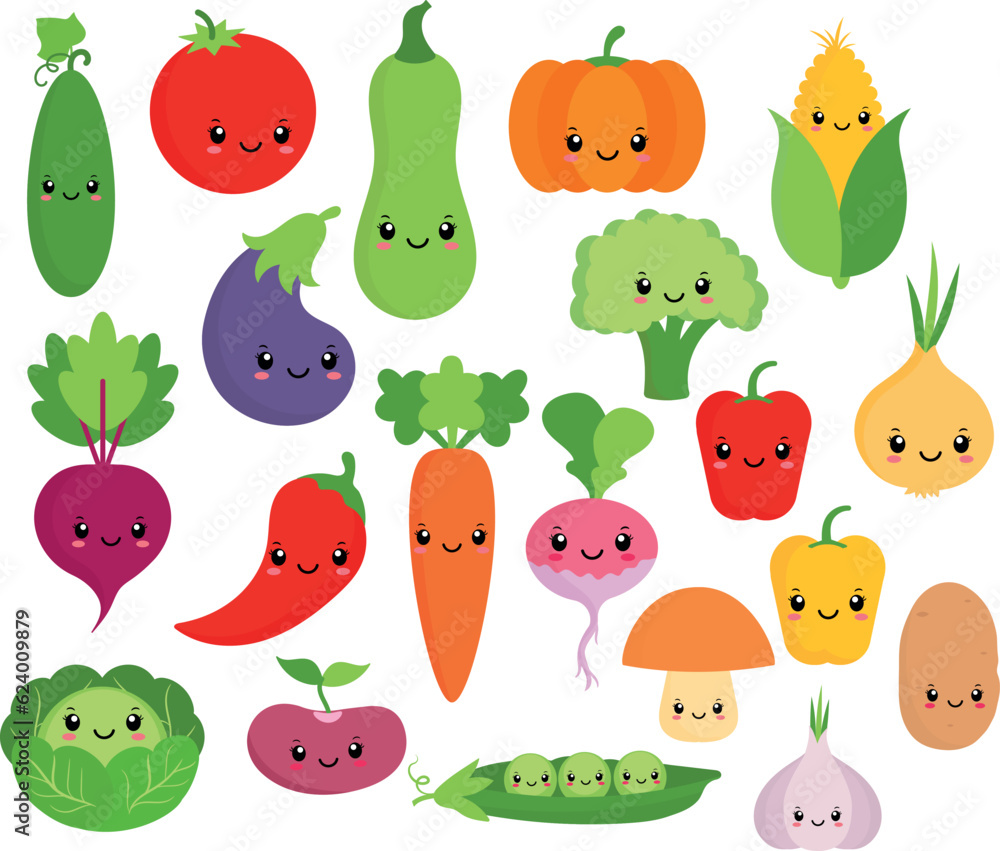 Cute cartoon vegetables.Vegetable clipart set. Simple design. Stock ...