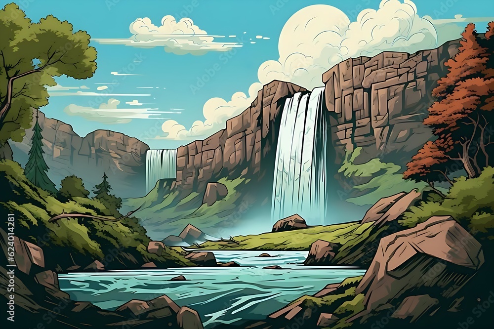 landscape with a waterfall. waterfall in the mountains. illustration in ...