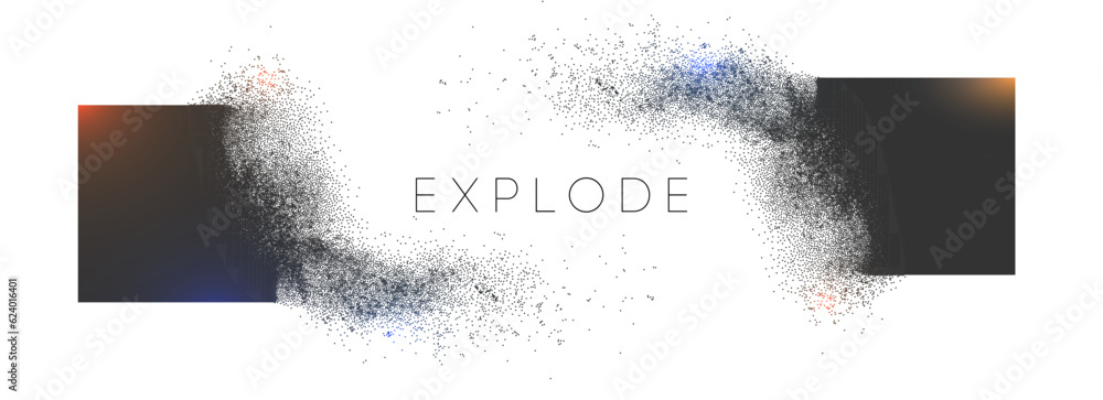 Square explosion with abstract burst. Vector particles of black shape ...