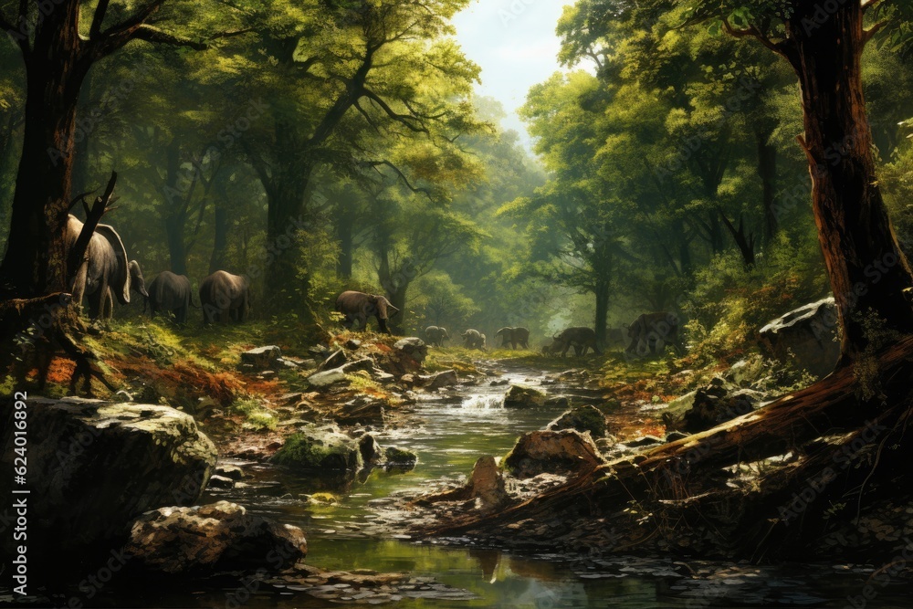 Elephants in the forest,Thailand. 3d rendering, 10,000 BC forests were ...