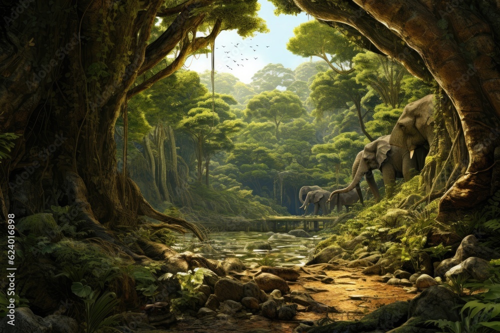 Elephants in the jungle. Fantasy forest, 10,000 BC forests were home to ...