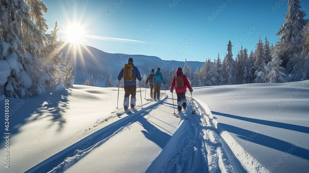 ภาพประกอบสต็อก Skiing, family holidays in snow-capped mountains, winter ...
