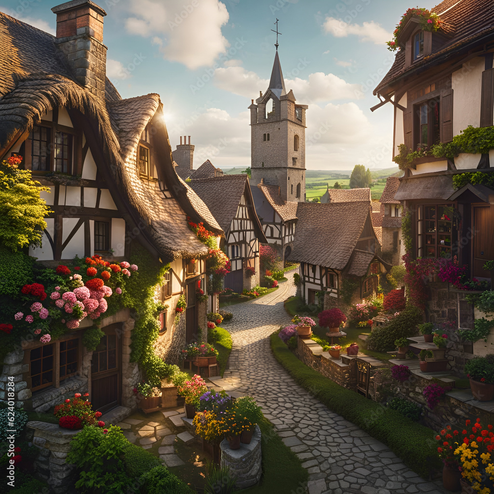 Charming medieval street in old town. Picturesque countryside. Old cozy ...