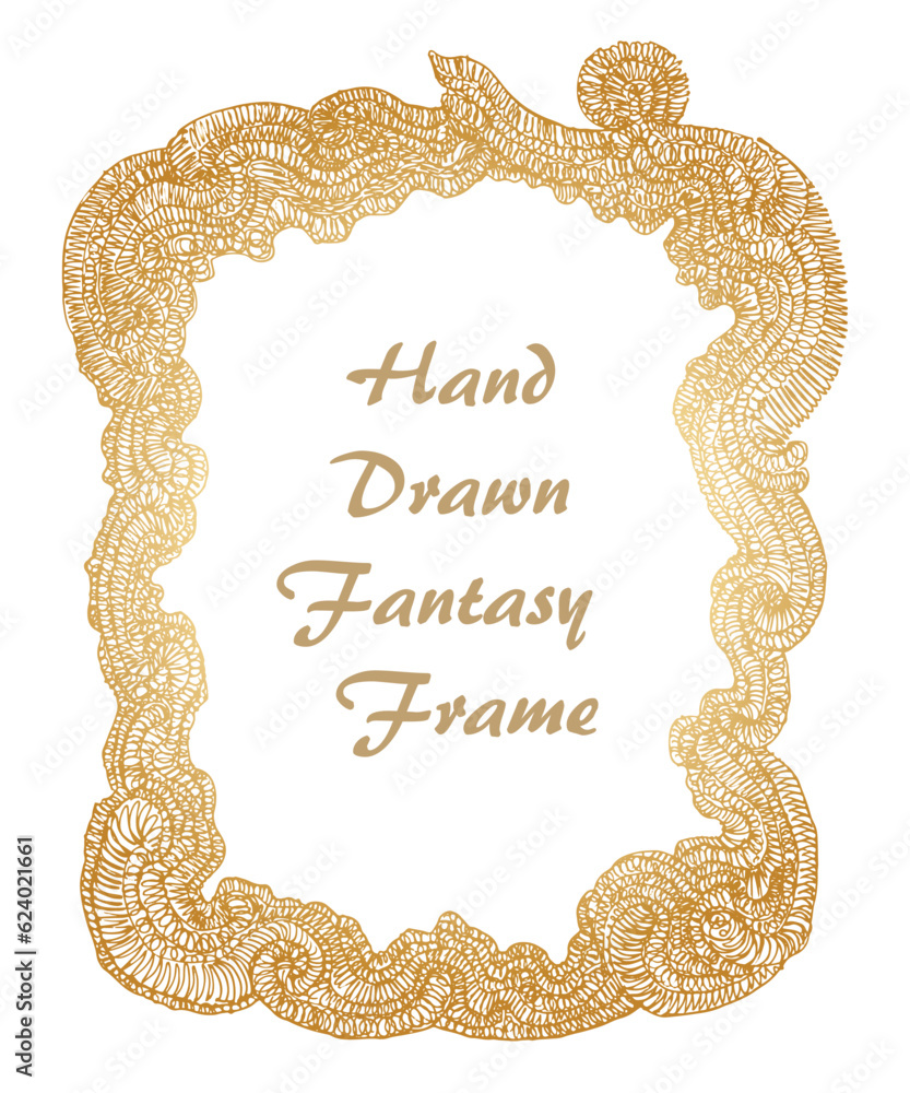 Vector Hand drawn frame in fantasy Baroque or Rococo style. Golden ...