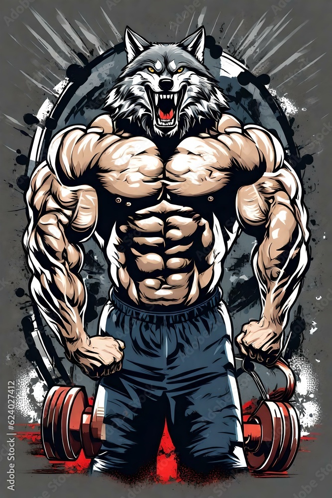 Cartoon illustration on a wolf head with bodybuilders body. (AI ...