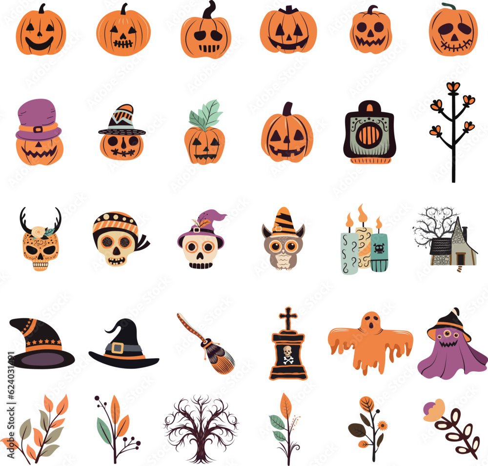 Set of cute halloween design elements collection with autumn colours ...