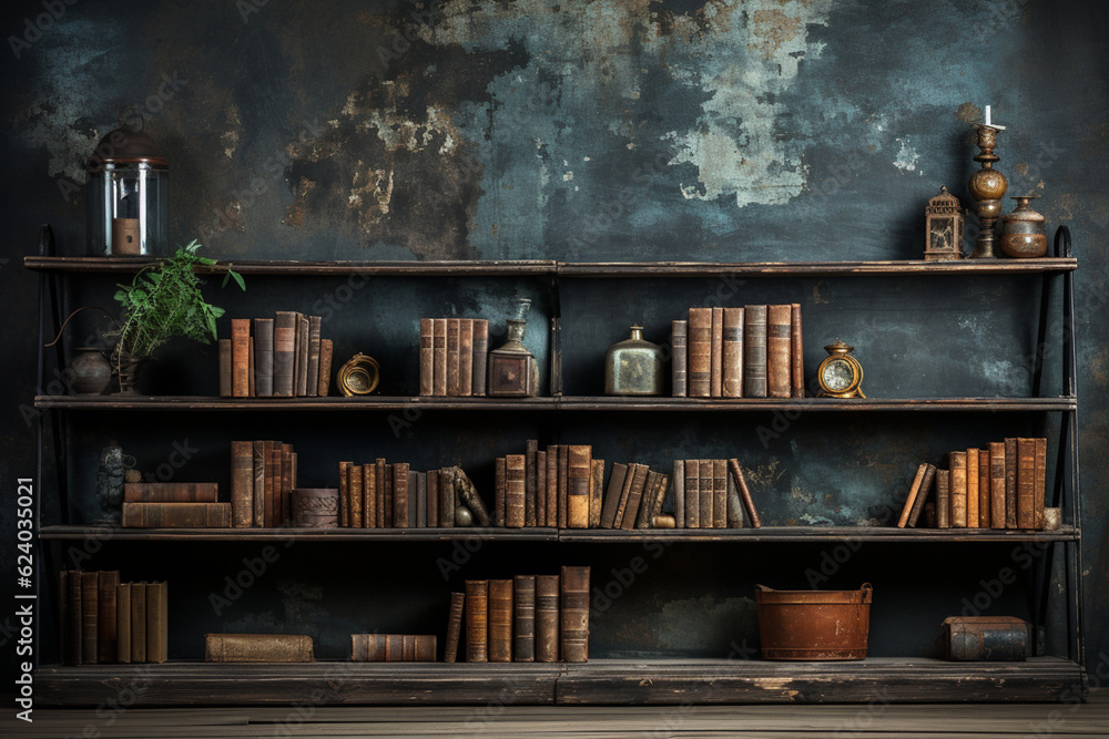 Grunge background enhances the nostalgic feel of the old bookshelf ...