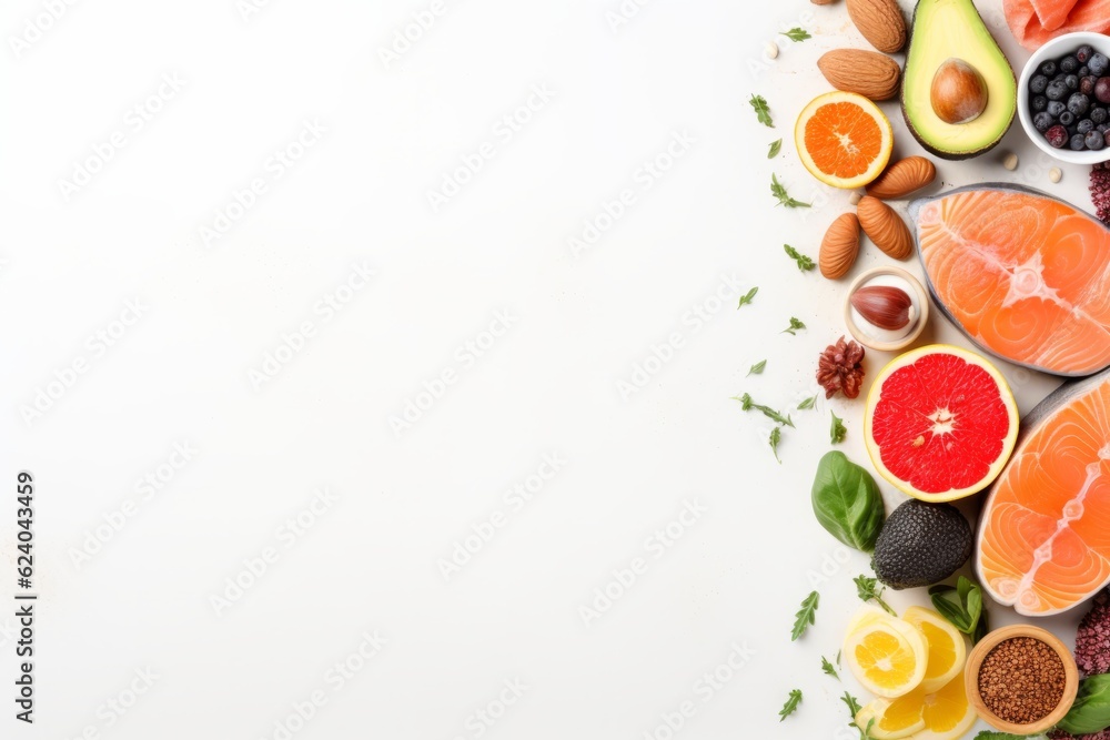 Balanced diet food background. Selection of various paleo diet products ...