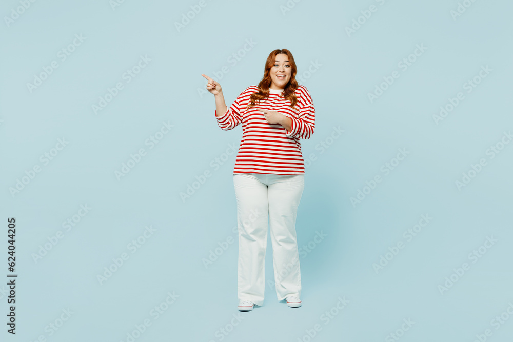 Full body happy young chubby overweight woman wear striped red shirt ...