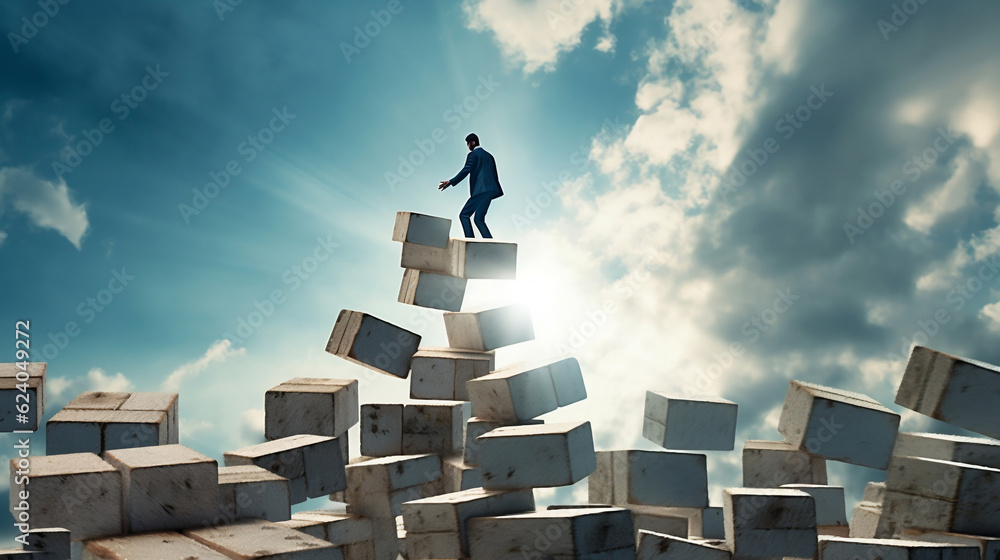 Silhouette man pushing rectangle block which falling to stop dominos ...
