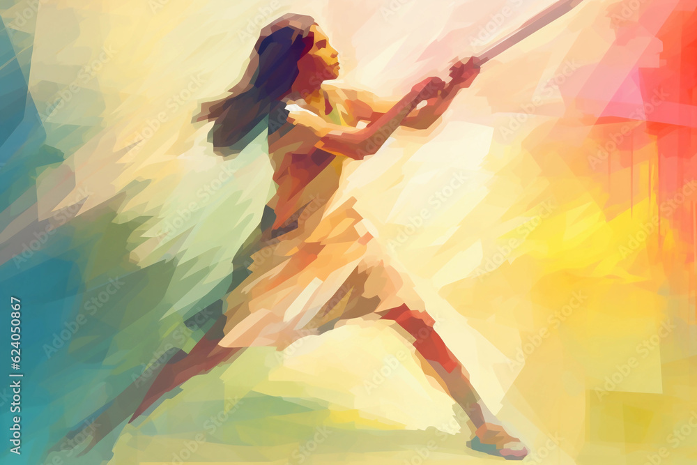 Stylized rendition of a girl swinging a baseball bat, energetic, muted ...
