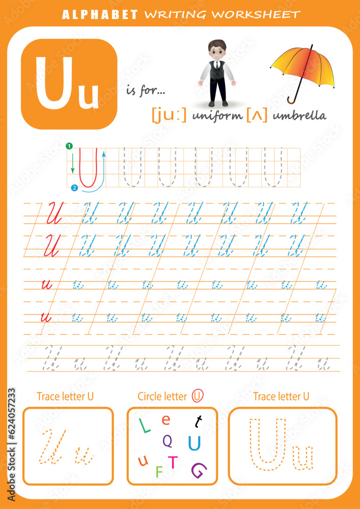 U letter handwriting practice worksheet. Alphabet letter tracing ...