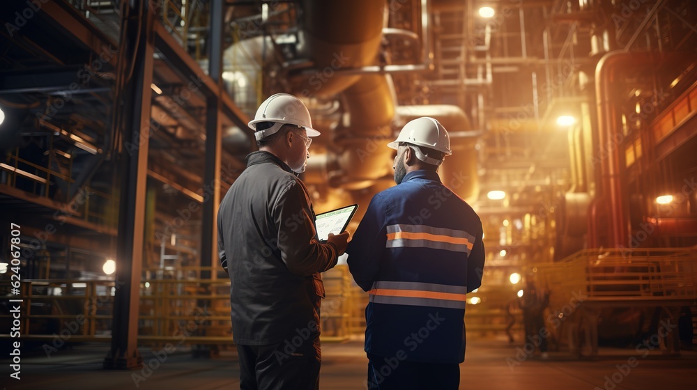 Photo & Art Print Heavy-duty industrial engineers stand in a pipeline ...
