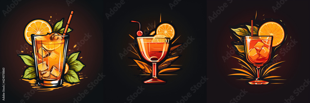 Pack of 3 Cocktail Logo Design in the Style of Vintage, Orange and ...