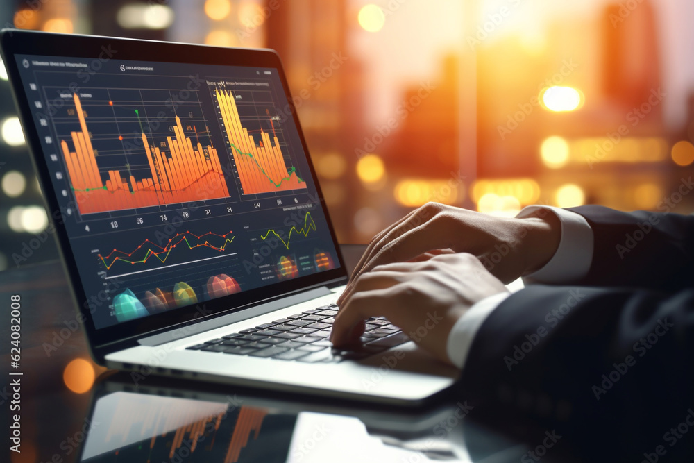 business man hand working on laptop computer financial with graphic ...