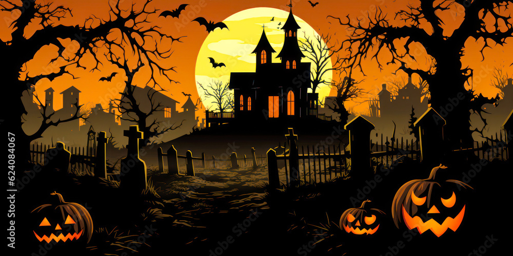 Spooky dark haunted house and cemetery in forest with pumpkin jack o ...