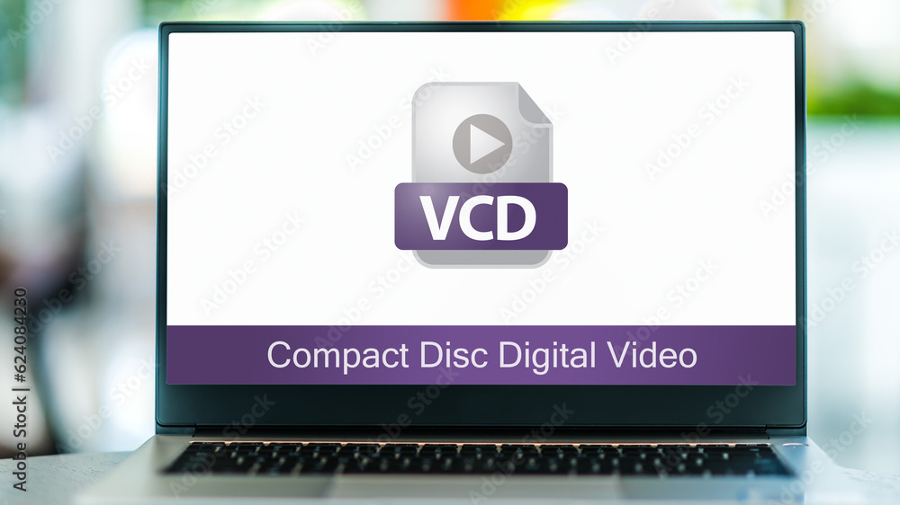Laptop computer displaying the icon of VCD file Stock Photo | Adobe Stock