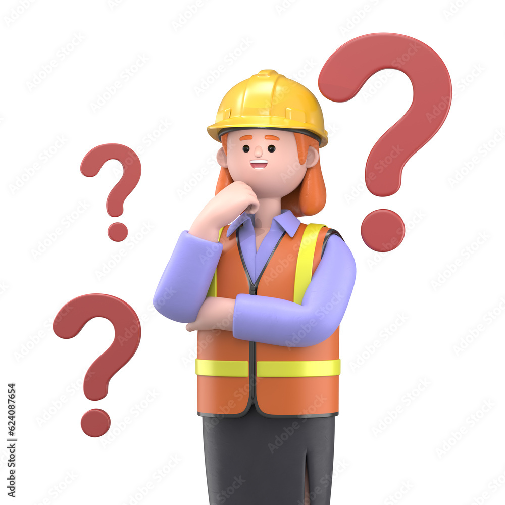 3D illustration of Female engineer Pam doubts and questioning ...