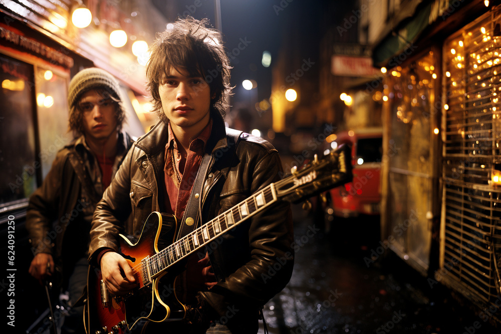 portrait of a two young males in the city at night wearing a leather ...