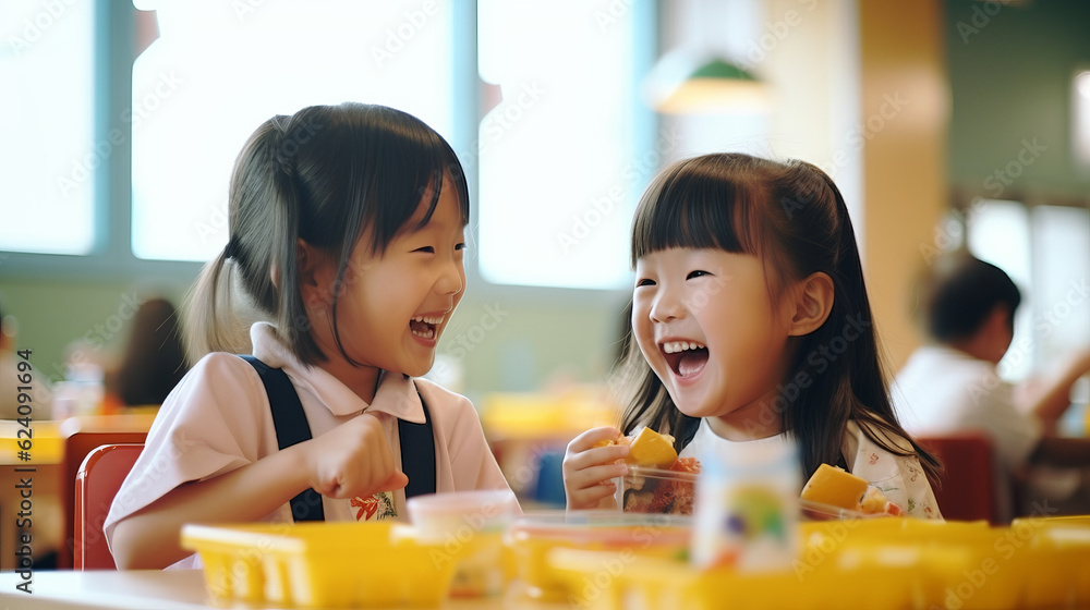 Two Asian elementary school students joyfully sharing a meal together ...