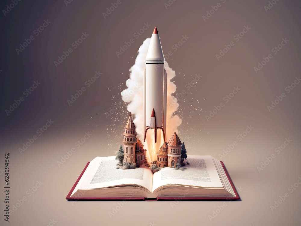 Rocket starts from open book. Spaceship launch from dictionary. Concept ...