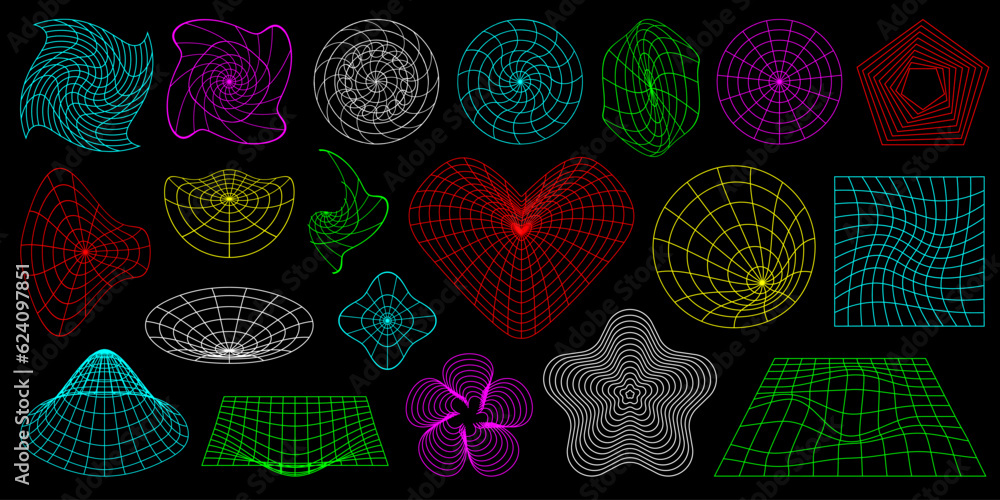 Abstract 3D wireframe shapes, perspective grids and heart. Surreal ...