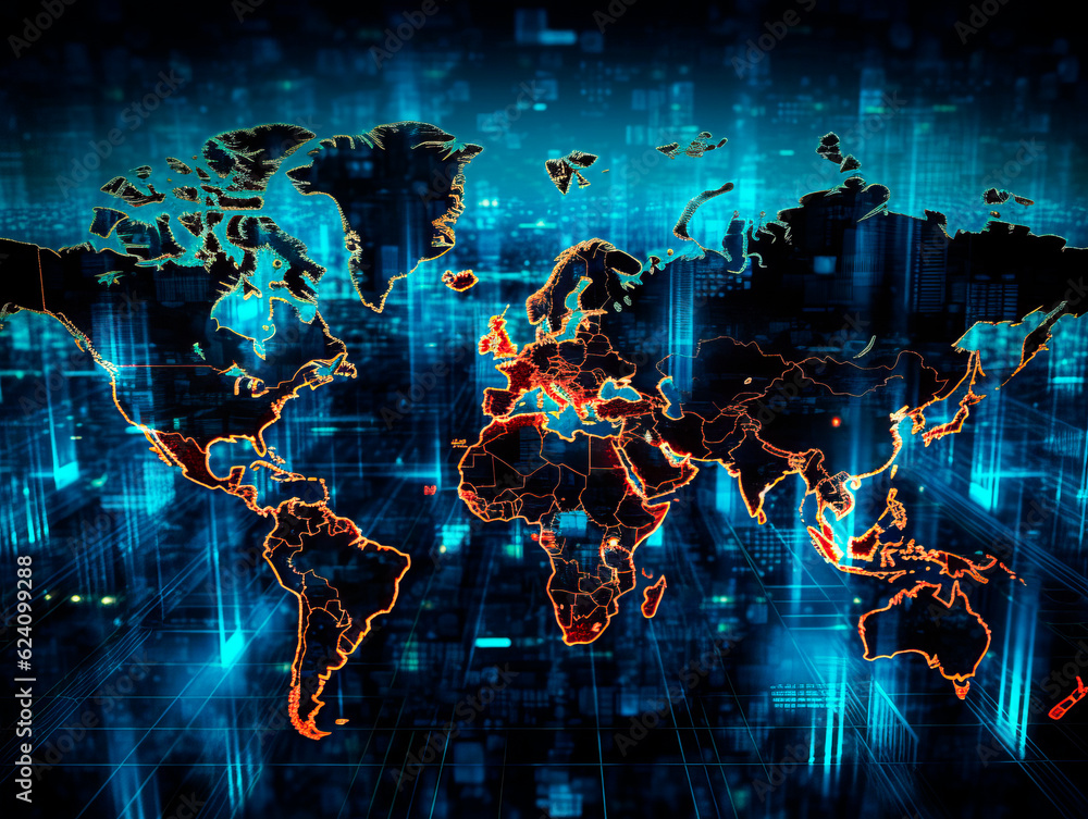 Digital world map background, earth network. Worldmap in neon light ...