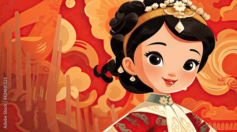 Happy smiling Asian princess cartoon character fairytale in 2D flat ...