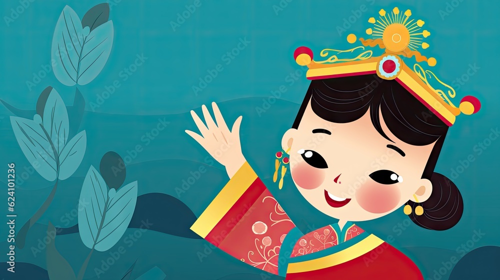 Happy Asian princess cartoon character fairytale in 2D flat ...