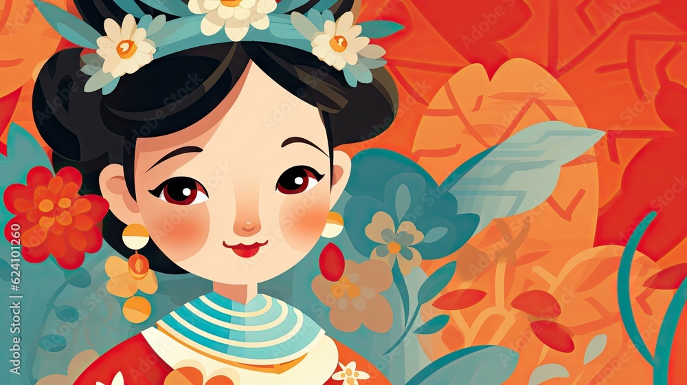 Happy smiling Asian princess cartoon character fairytale in 2D flat ...