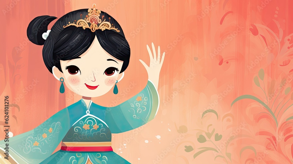 Happy Asian princess cartoon character fairytale in 2D flat ...